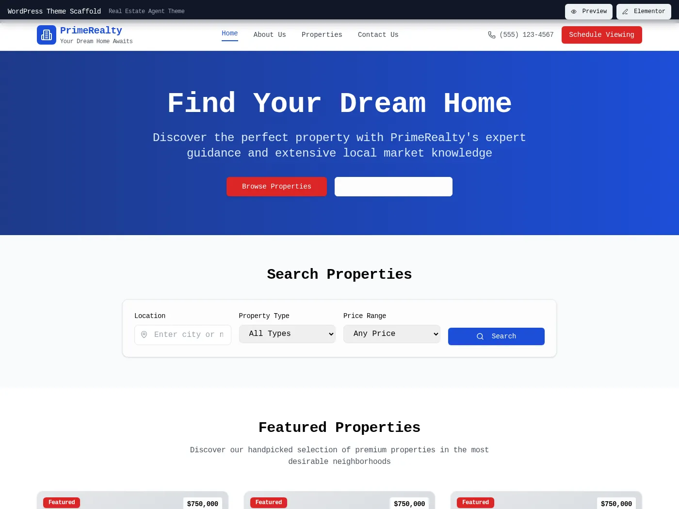 WordPress Elementor Theme Scaffold with Custom Header, Footer, and Navigation