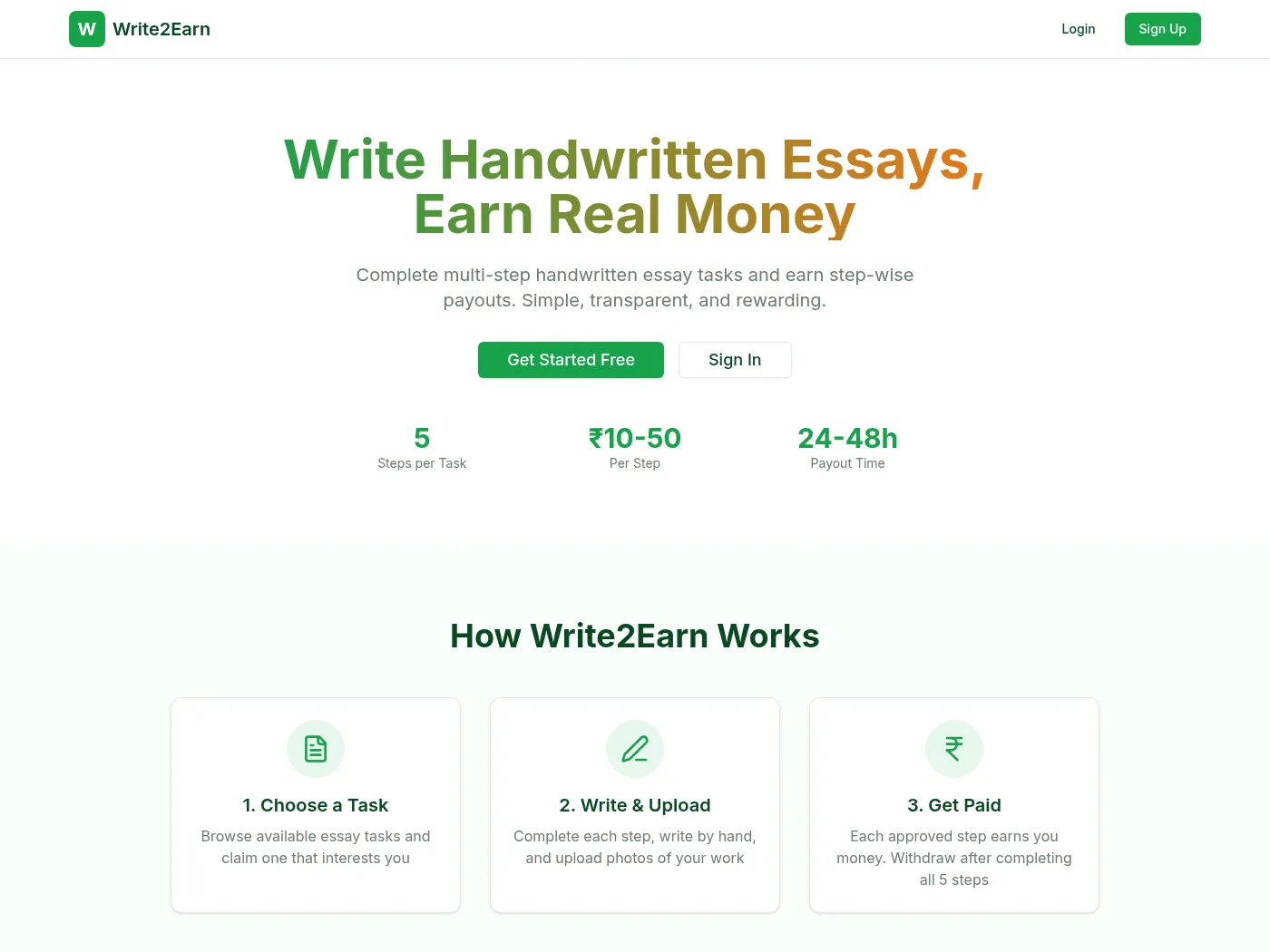 Write2Earn Handwritten Task Payout Platform