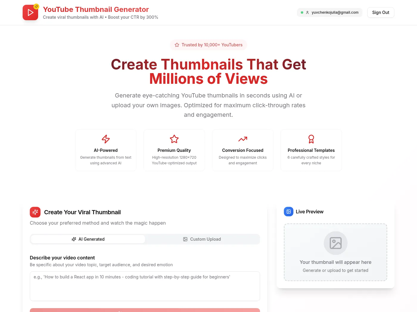 YouTube Thumbnail Generator with AI & Custom Uploads