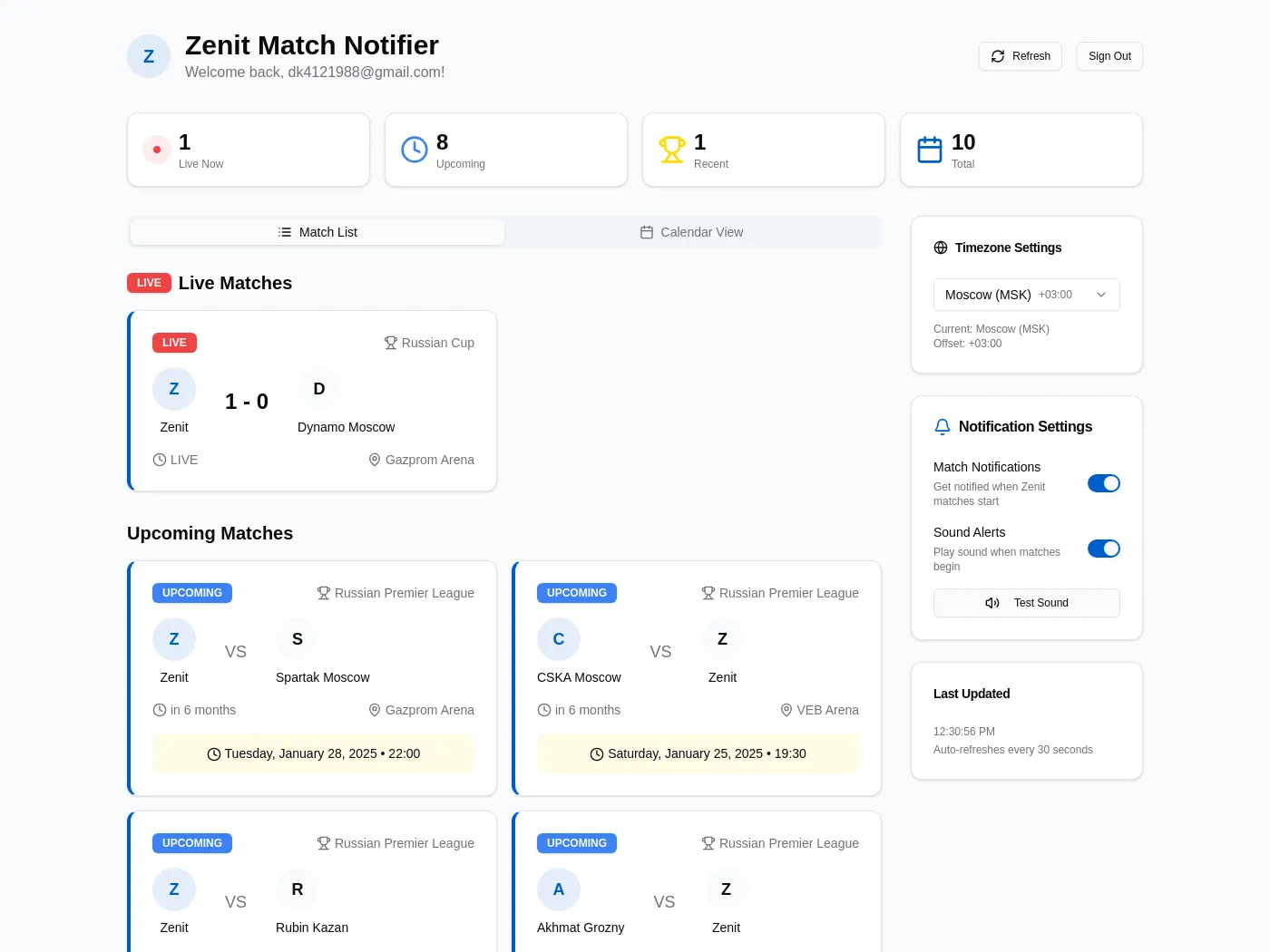 Zenit Match Notifier