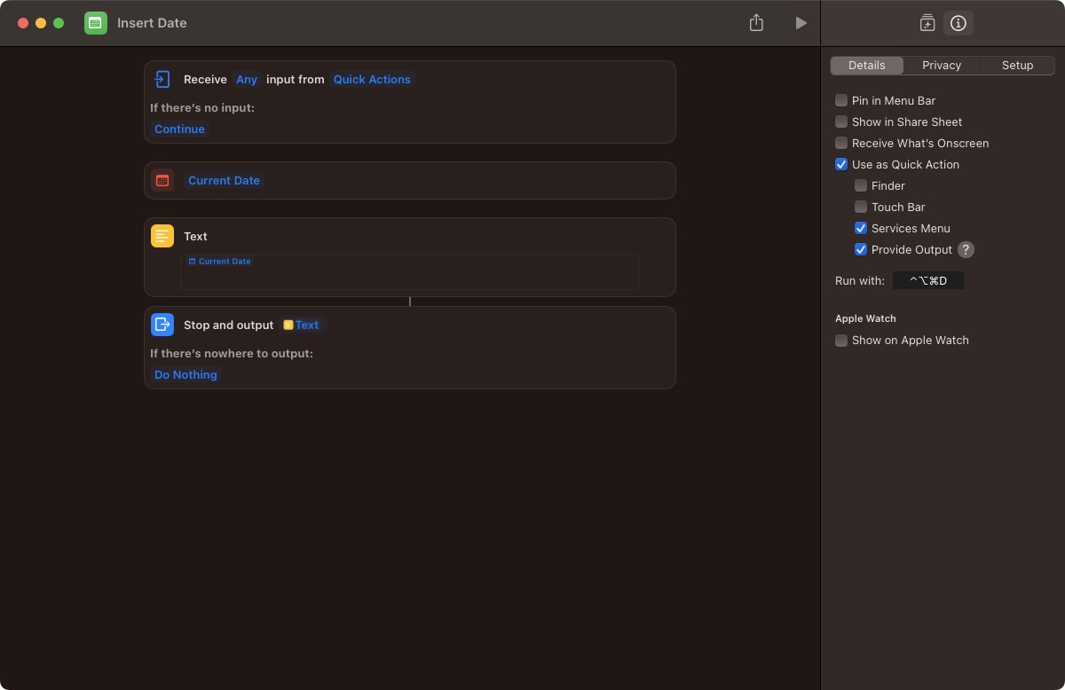 MacOS Insert Current Date Shortcut With Shortcuts app 