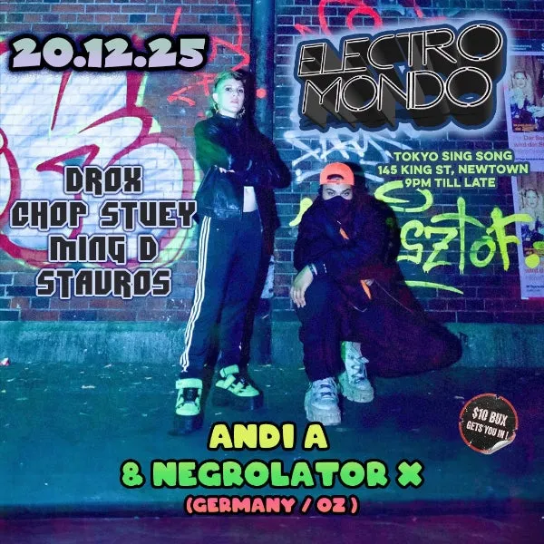 ELECTRO MONDO presents ANDI A. & NEGROLATOR X (GER) at Tokyo Sing Song, Sydney…