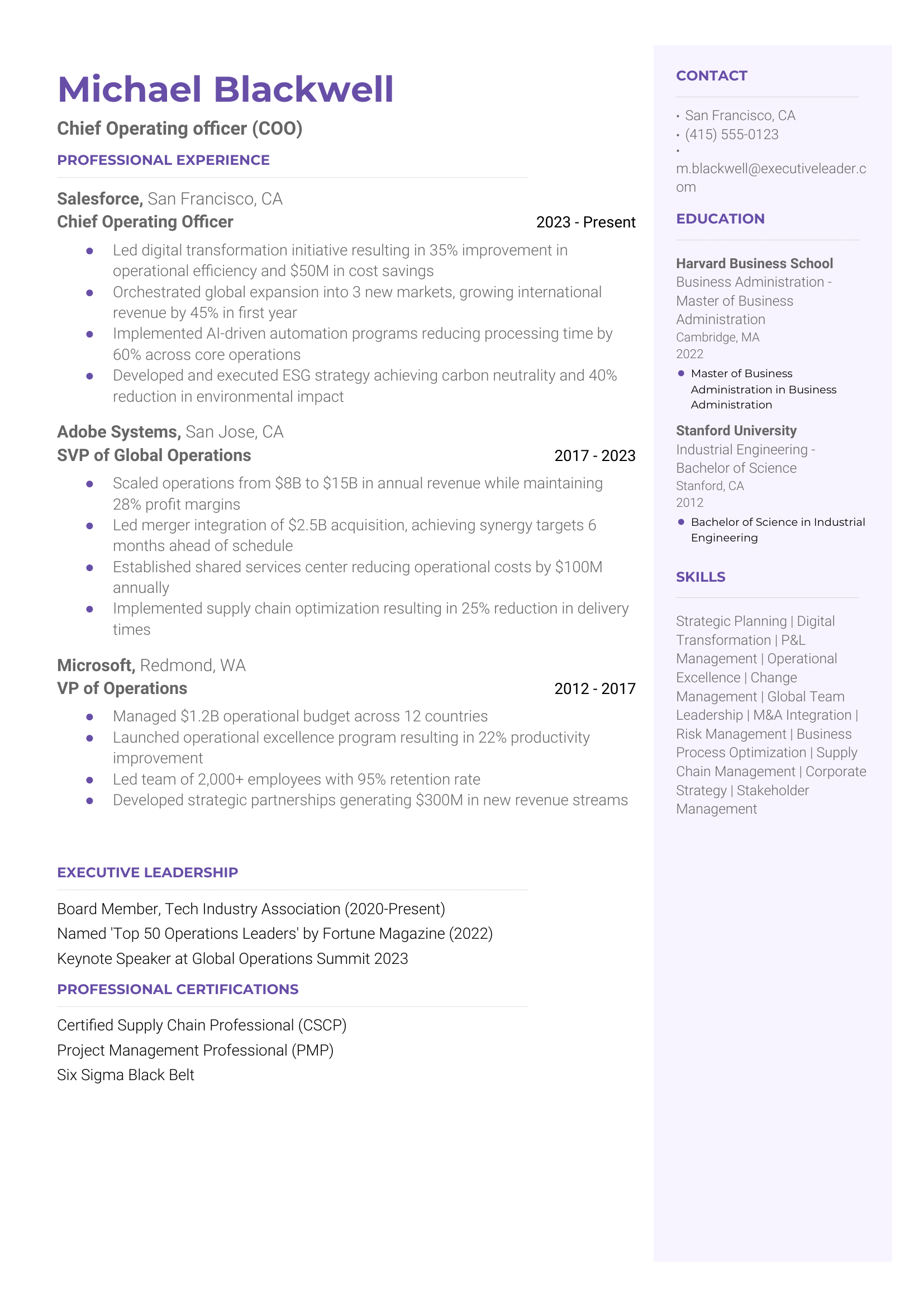 Chief Operating Officer (COO) in Executive Resume Examples & Tips for ...