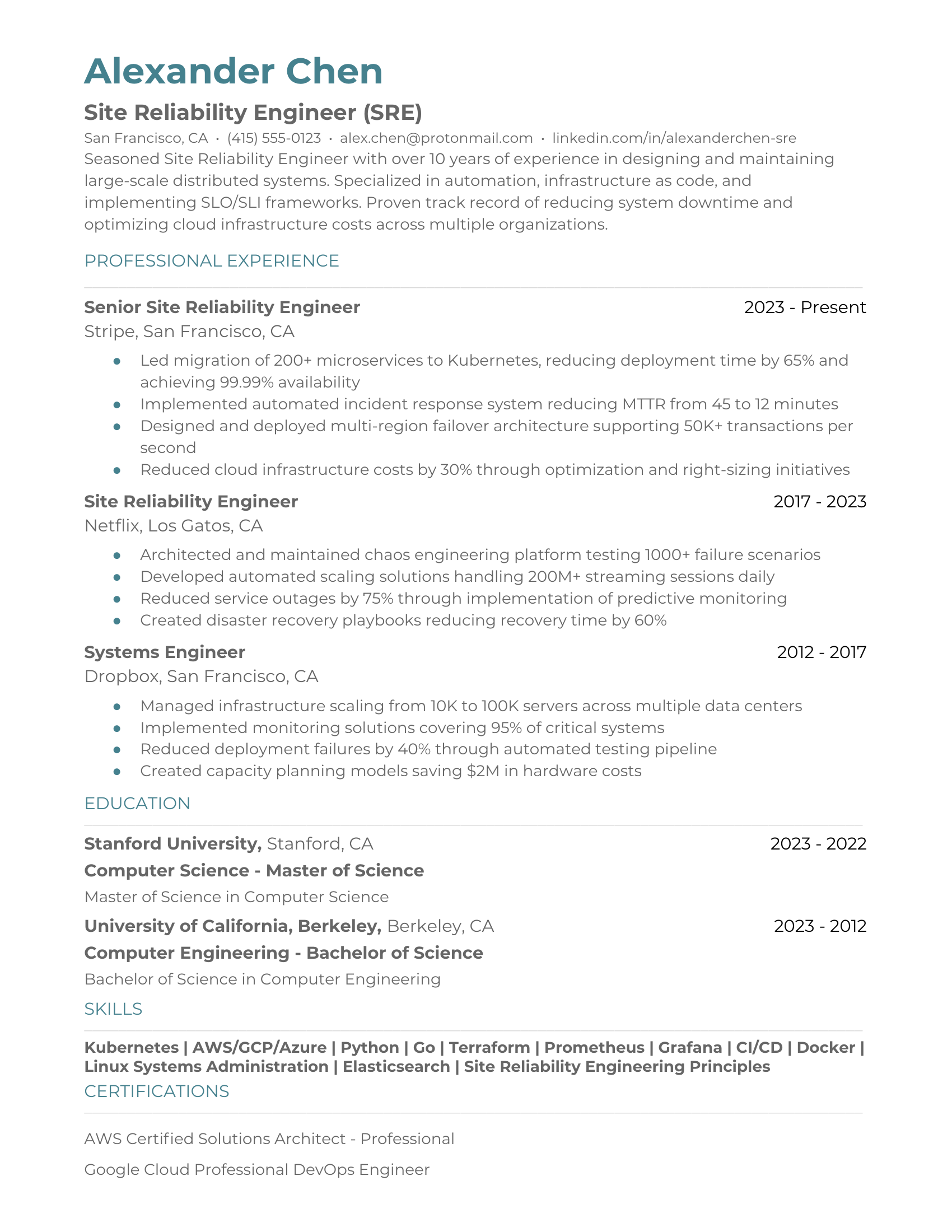 Site Reliability Engineer (SRE) in Technology Resume Examples & Tips ...