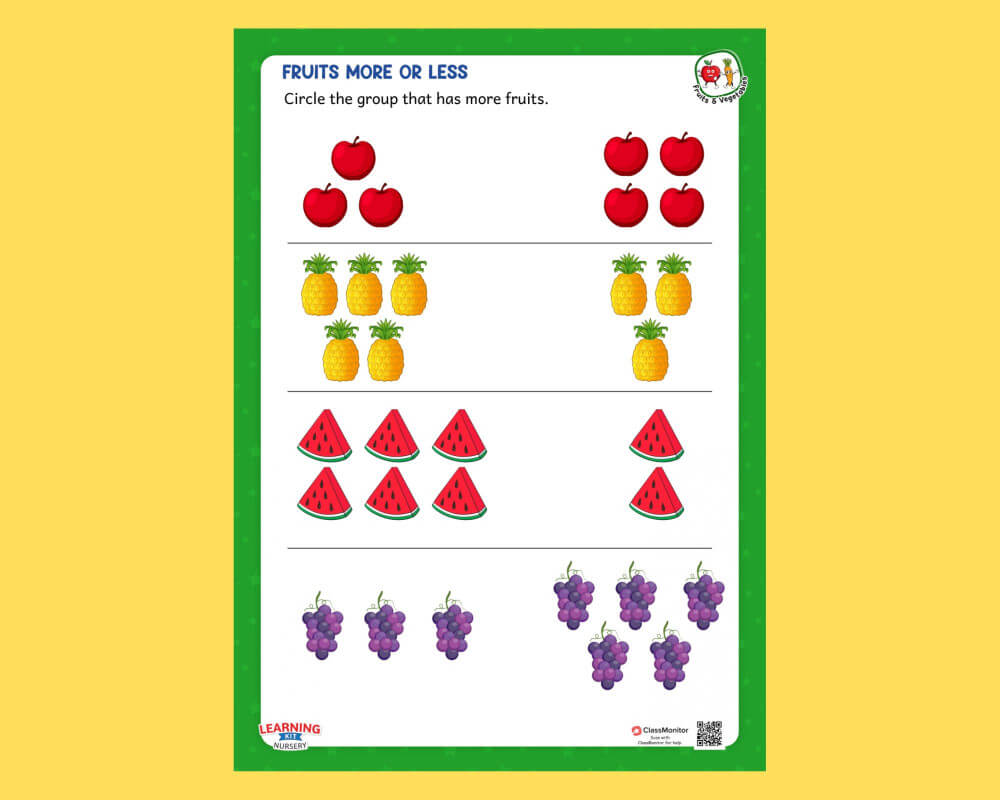 Fruits And Vegetable Activity Worksheet - Fruits More Or Less ...
