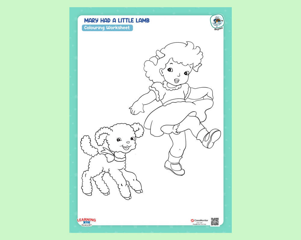 Rhymes Activity Mary Had A Little Lamb - Colouring Worksheet - ClassMonitor