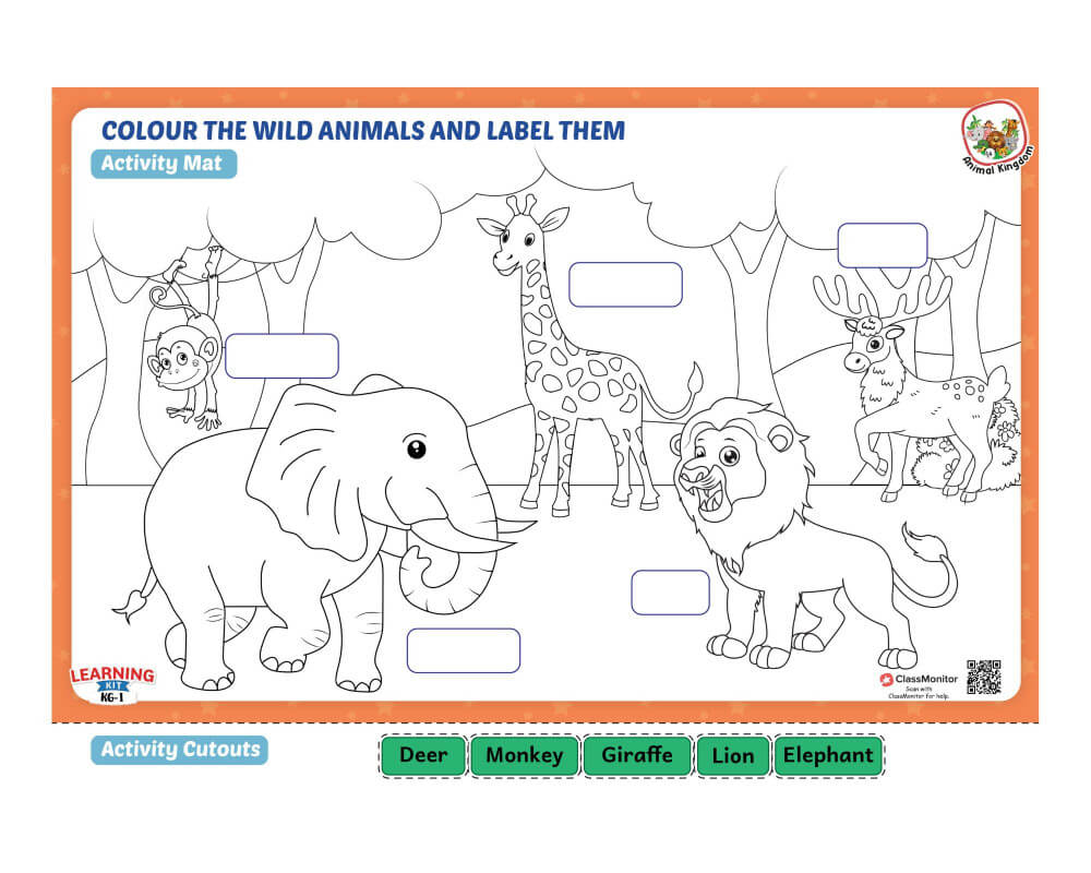 Animals, Birds & Insects Activity Worksheet - Colour The Wild Animals & Label Them - ClassMonitor
