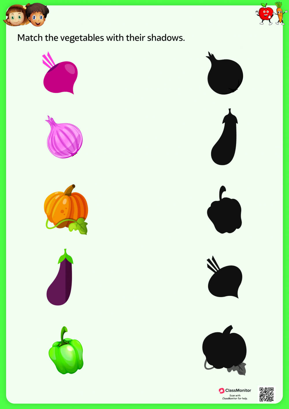 Fruits And Vegetables Activity Worksheet Match The Vegetables With