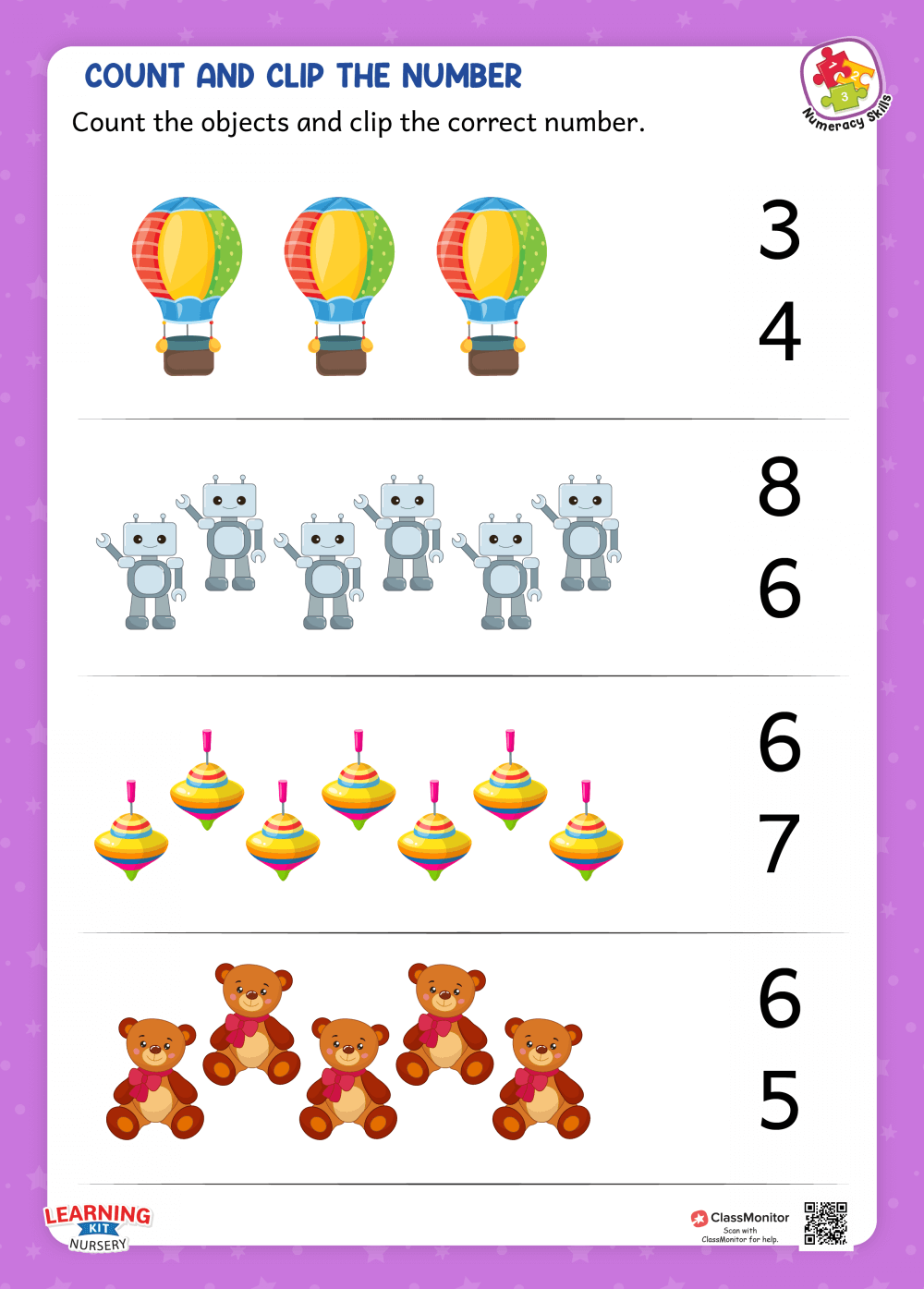 Numeracy Skills Activity Worksheet-Count And Clip The Number - ClassMonitor