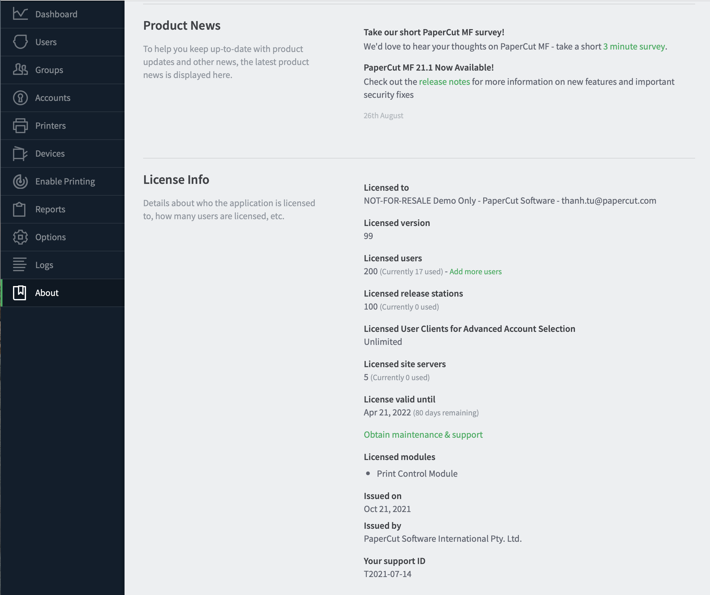 License Info section of the About page
