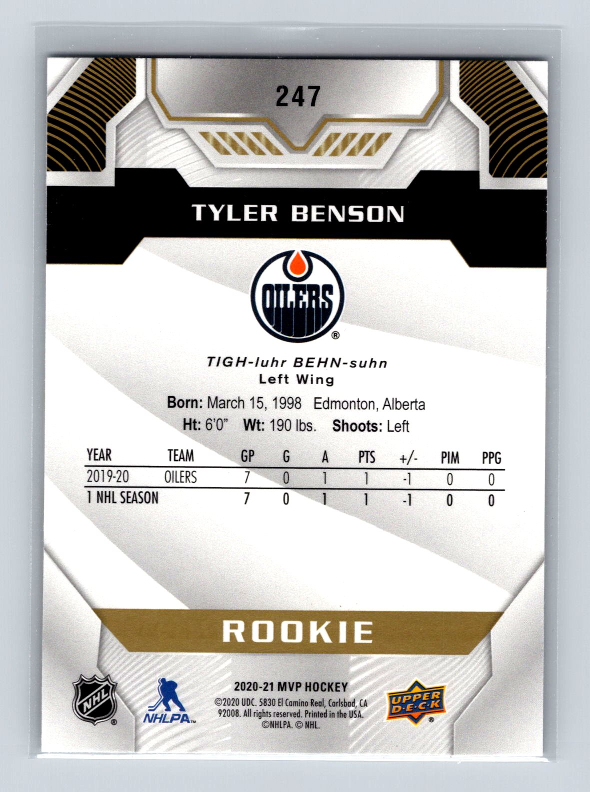Tyler Benson 2020-21 Upper Deck MVP #247 Gold Script RC Oilers Rookie ...