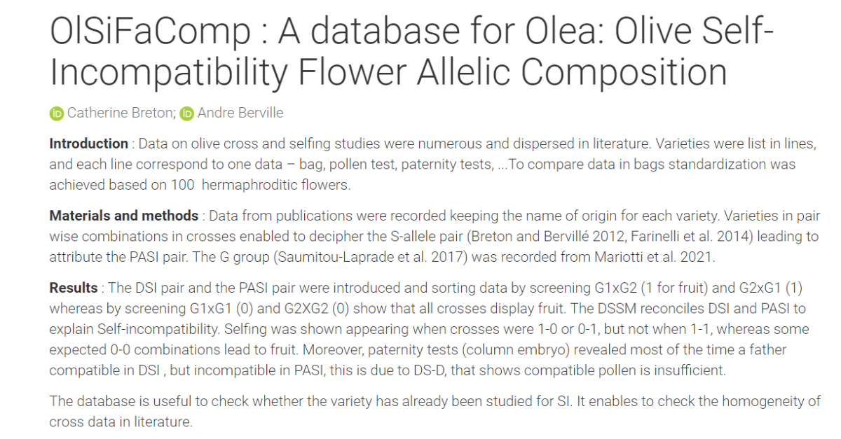 OlSiFaComp : A database for Olea. Olive self-incompatibility flower ...