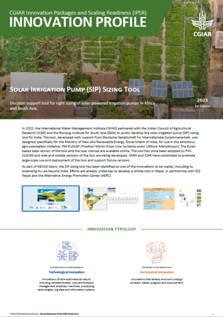 Solar Irrigation Pump (SIP) Sizing Tool: IPSR Innovation Profile - CGIAR