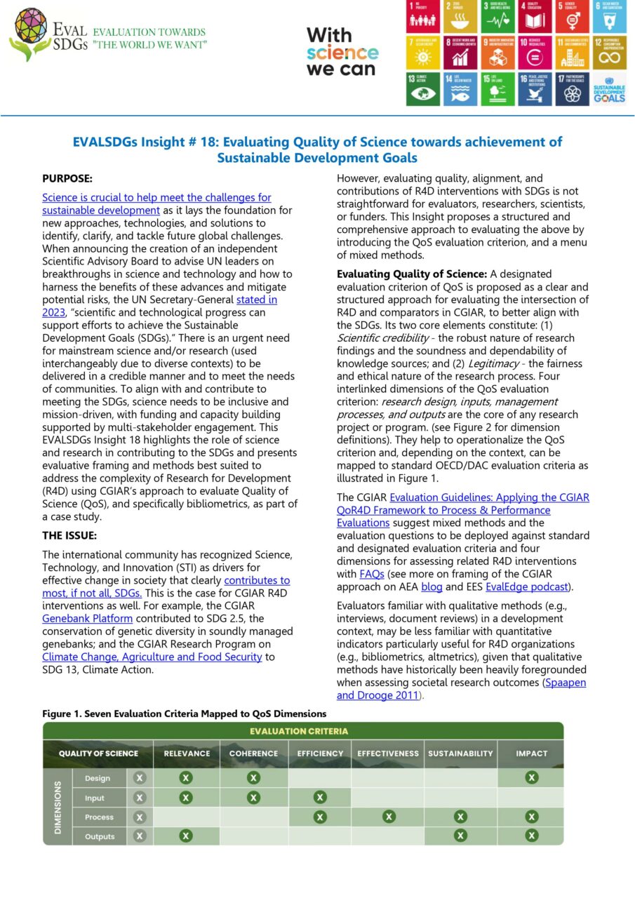 EVALSDGs Insight #18: Evaluating Quality of Science towards achievement of the SDGs - CGIAR