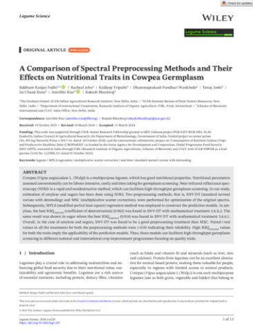 A comparison of spectral preprocessing methods and their effects on nutritional traits in cowpea ...