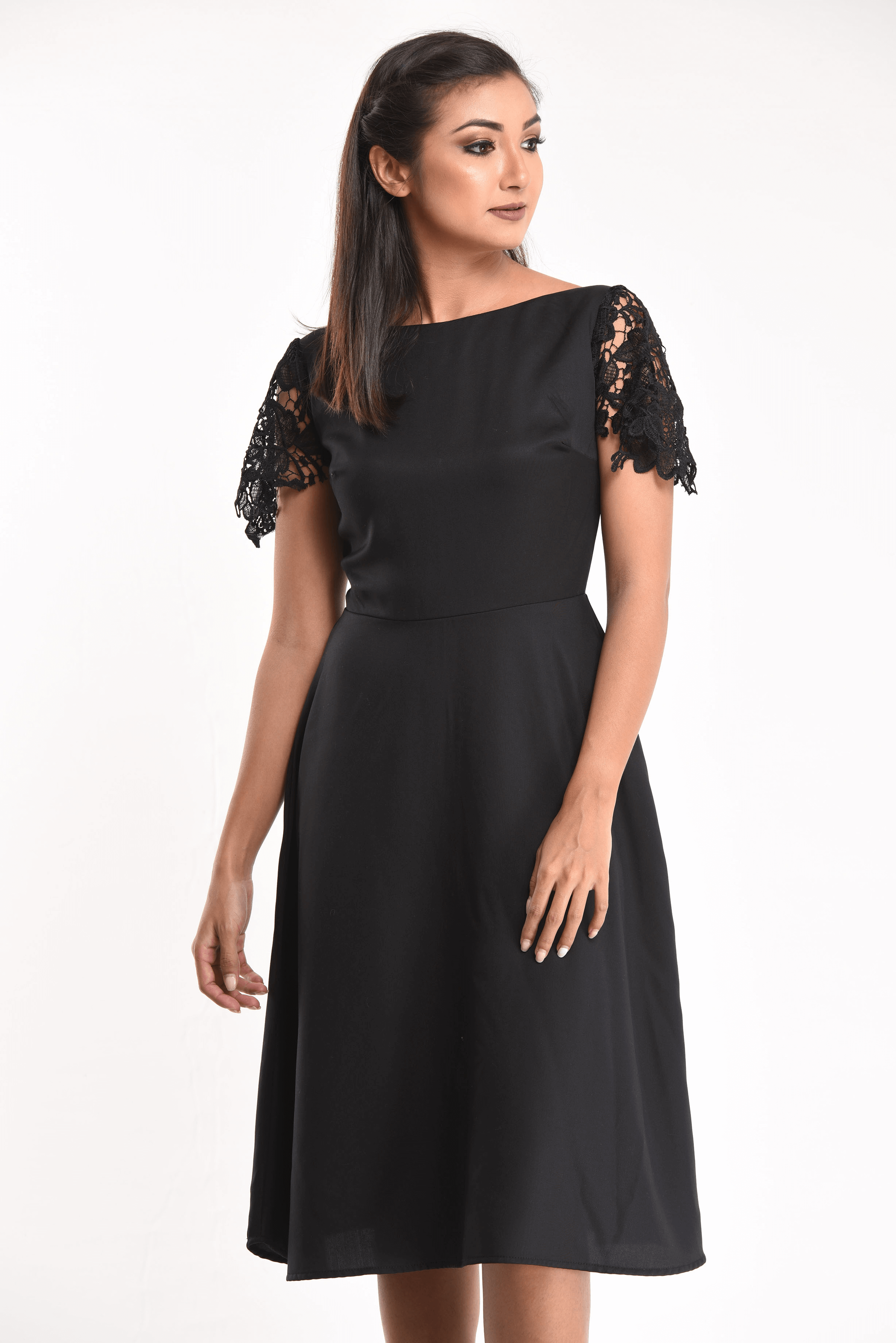 Lace raffle sleeve black dress| Cherri