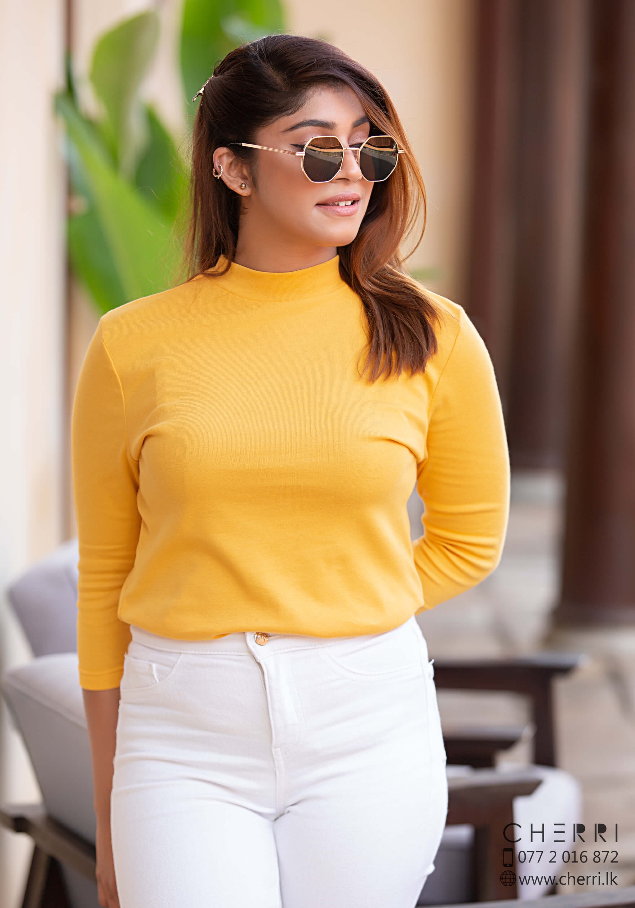 Half sleeve high neck rib top - Yellow| Cherri