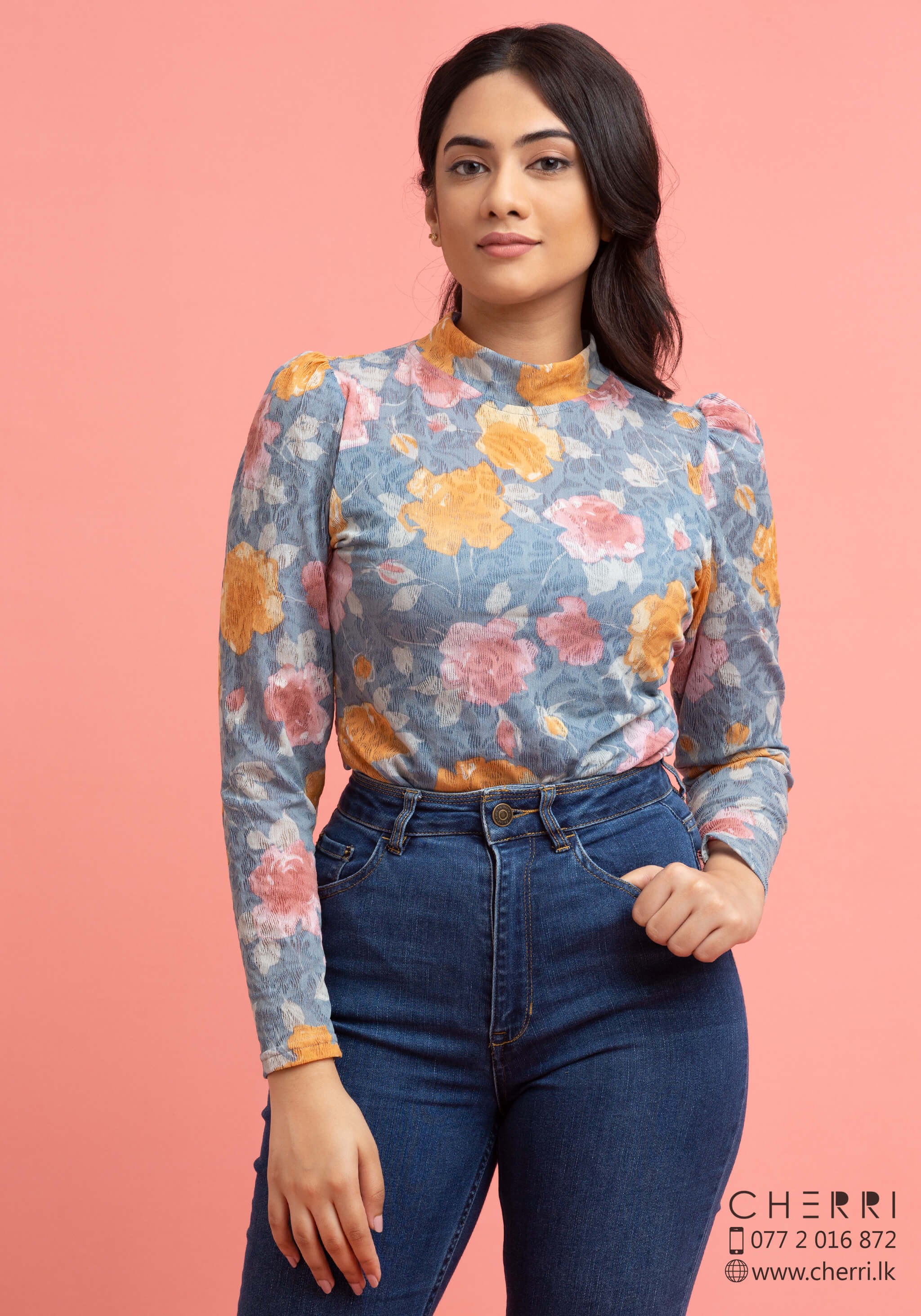 LS high neck printed lace top| Cherri