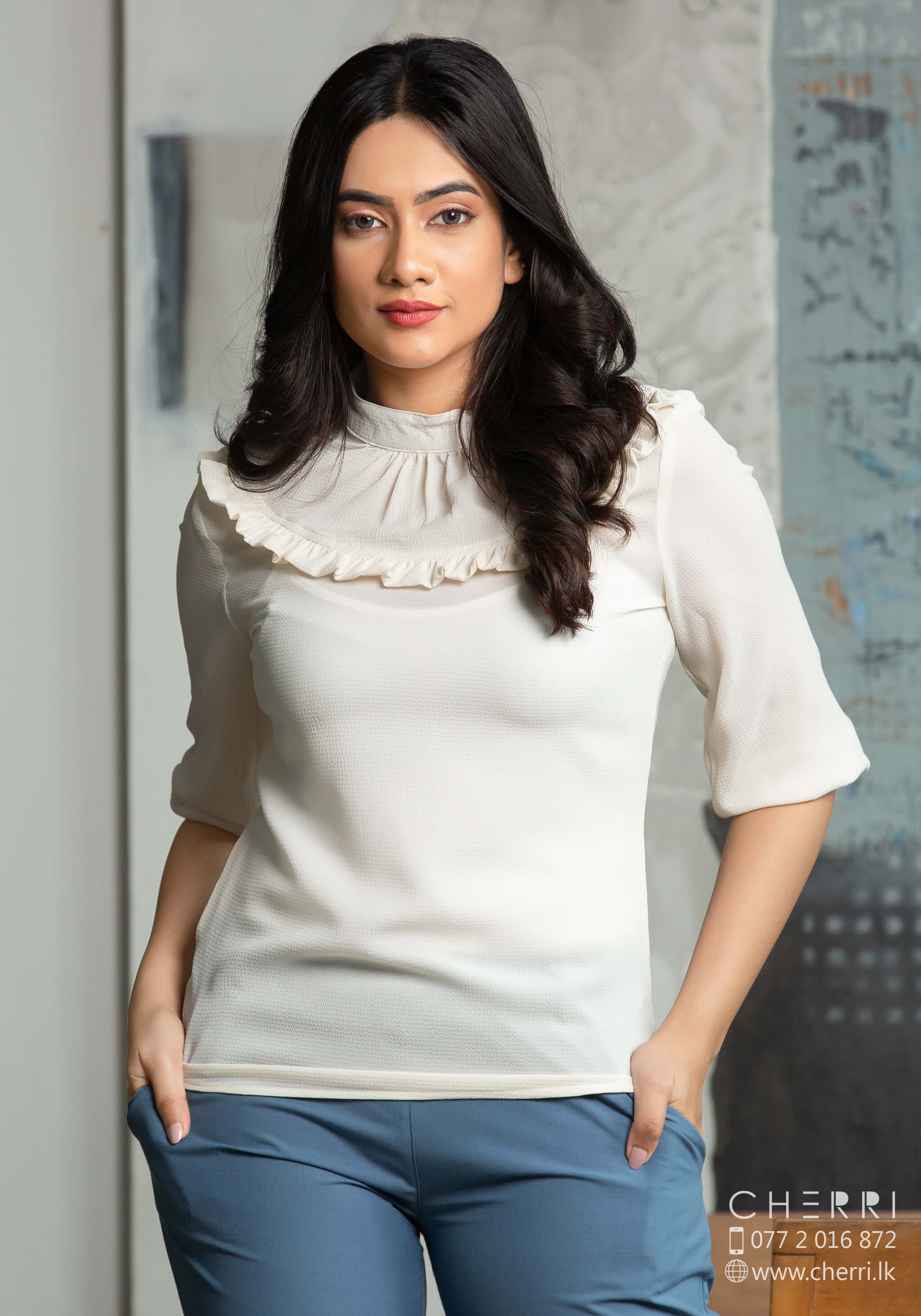 Wear to work in front ruffle top - off white| Cherri