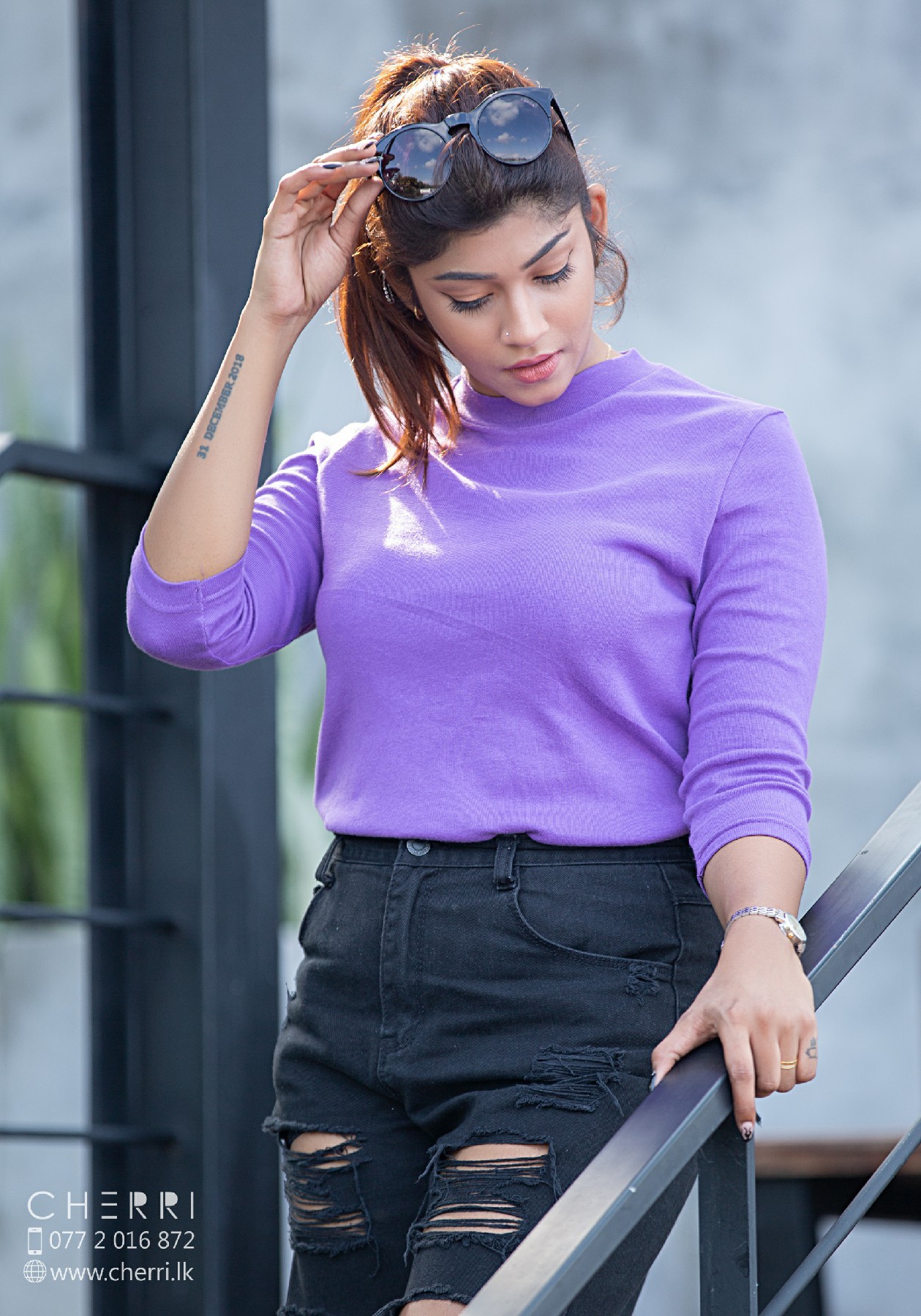Half sleeve sleeve rib top - purple| Cherri