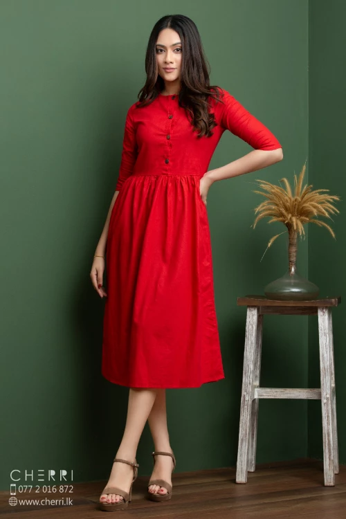 Button front linen midi dress- Red| Cherri