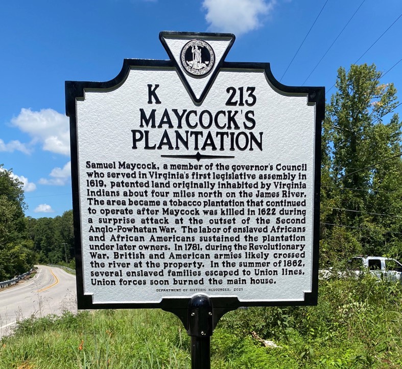Maycock's Plantation: Virginia State Marker K-213 - Clio