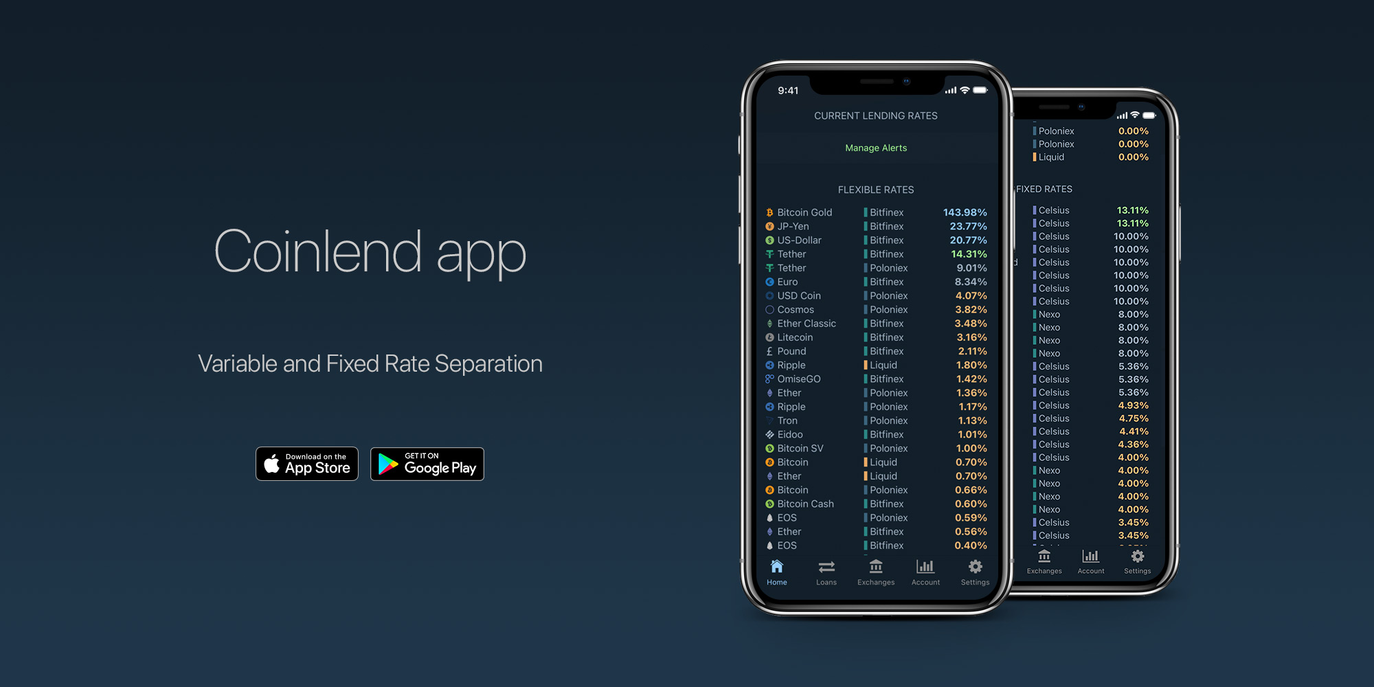 Coinlend - Variable and Fixed rates in the mobile app