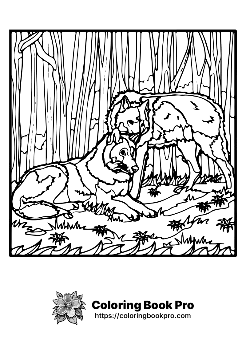 Two Wolves in the Forest Coloring Page - Free Printable - animals 534
