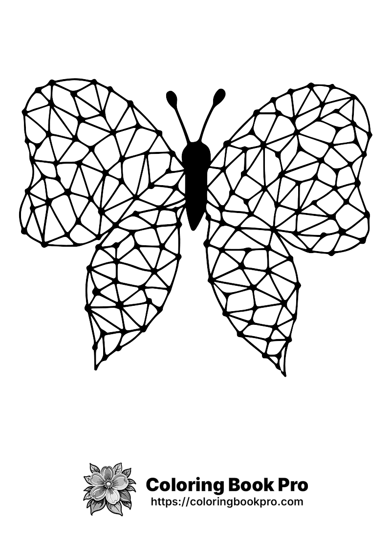 A black and white line drawing of a butterfly with intricate, geometric ...