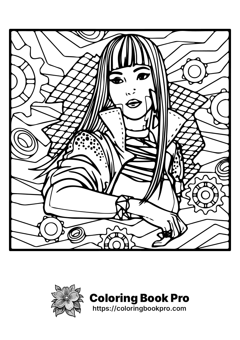 Cyberpunk Girl with Gears Coloring Page - Free Printable - faces 353