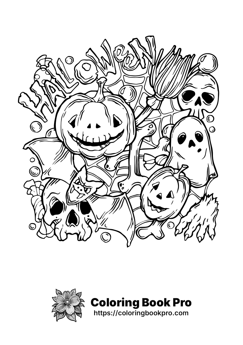 A black and white drawing of Halloween decorations | halloween_149 ...