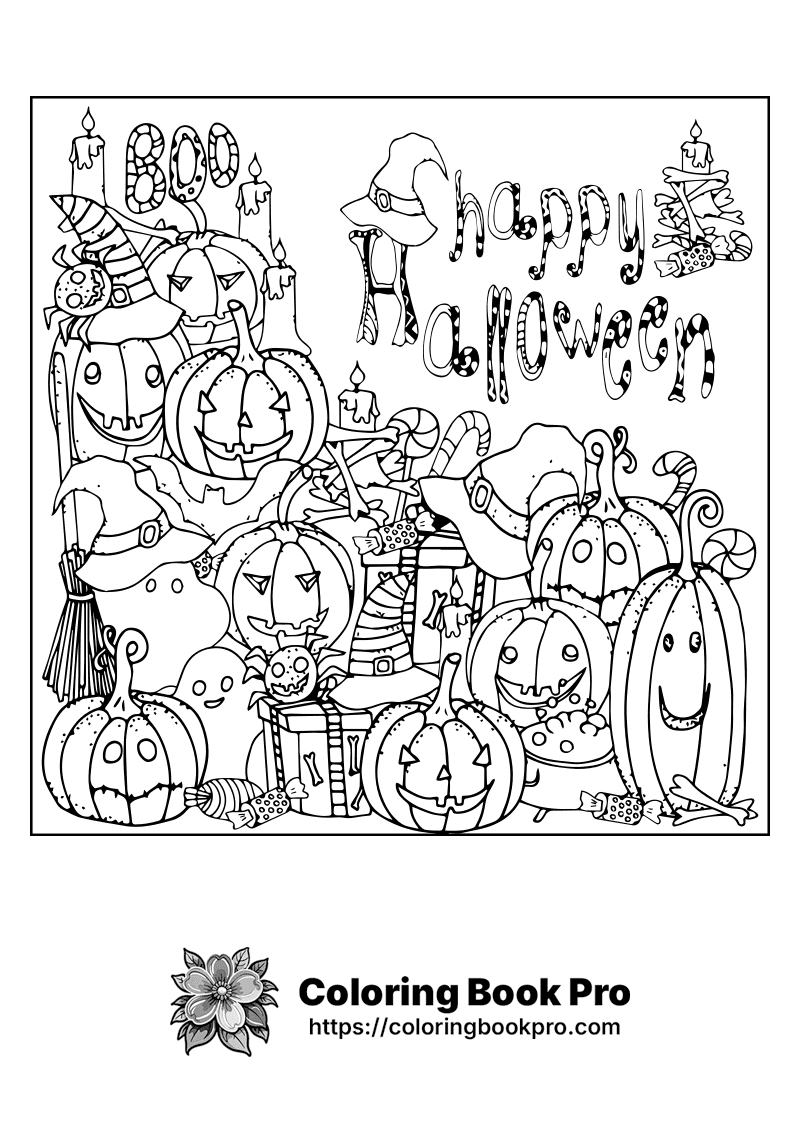 Happy Halloween with pumpkins and witches Coloring Page - Free ...