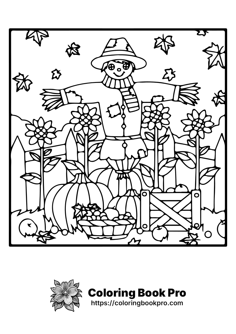 Autumn Scarecrow in a Garden with Pumpkins and Sunflowers Coloring Page ...