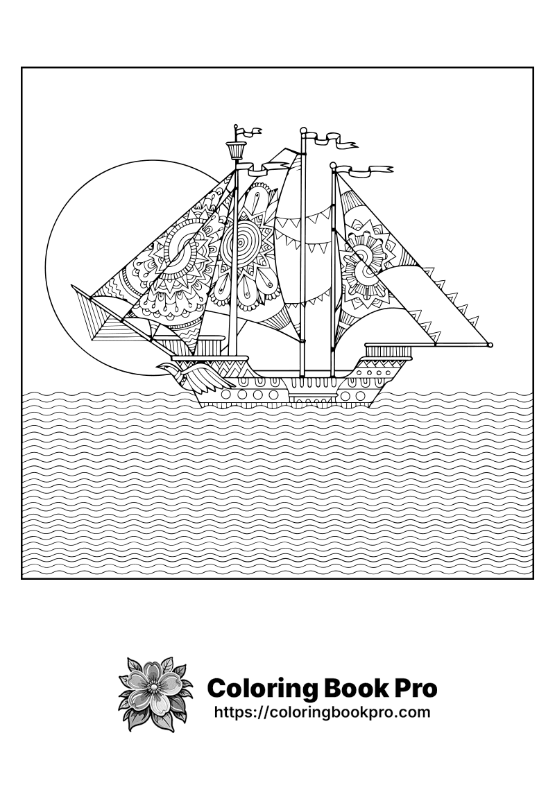 A drawing of a ship floating in the ocean | landscapes_005 | Landscapes ...