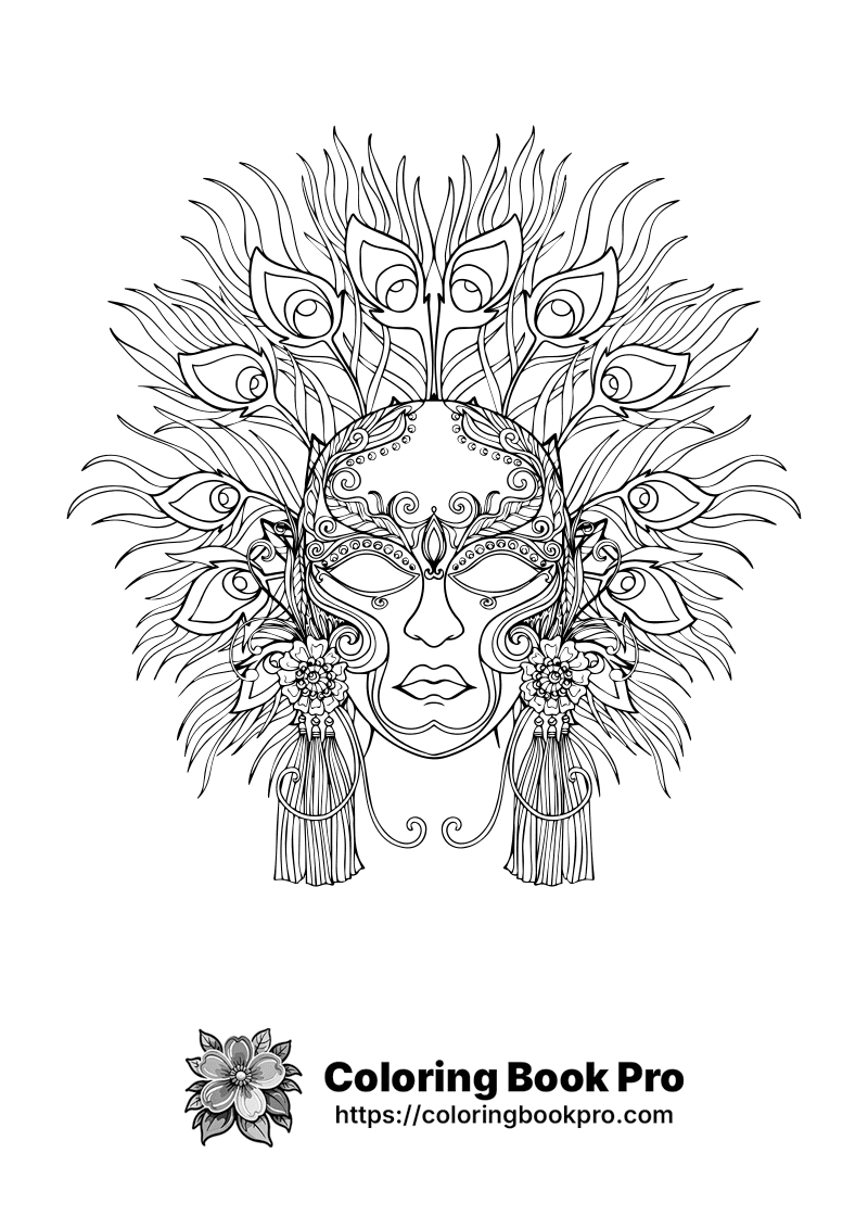 A drawing of a mask with feathers on it | masks_84 | Masks | Coloring ...
