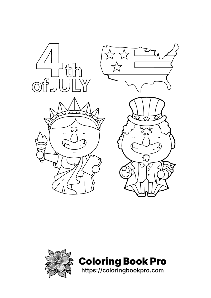 A 4th of july coloring page with a picture of liberty and uncle sam ...