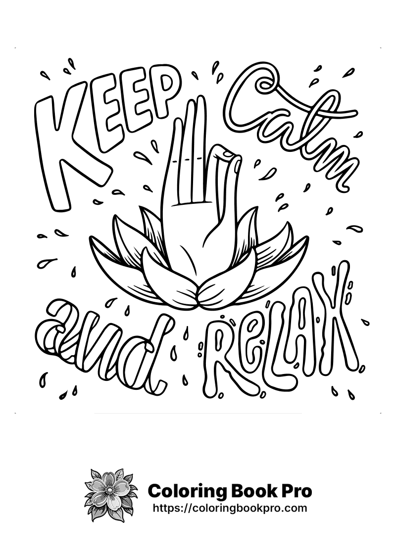 A black and white coloring page has the phrase "keep calm and relax ...