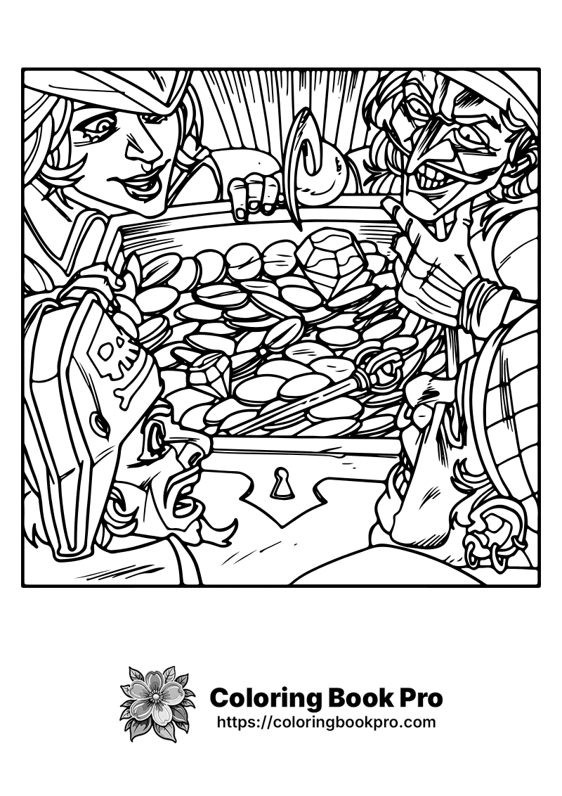 A black and white drawing of a group of pirates looking at a treasure ...