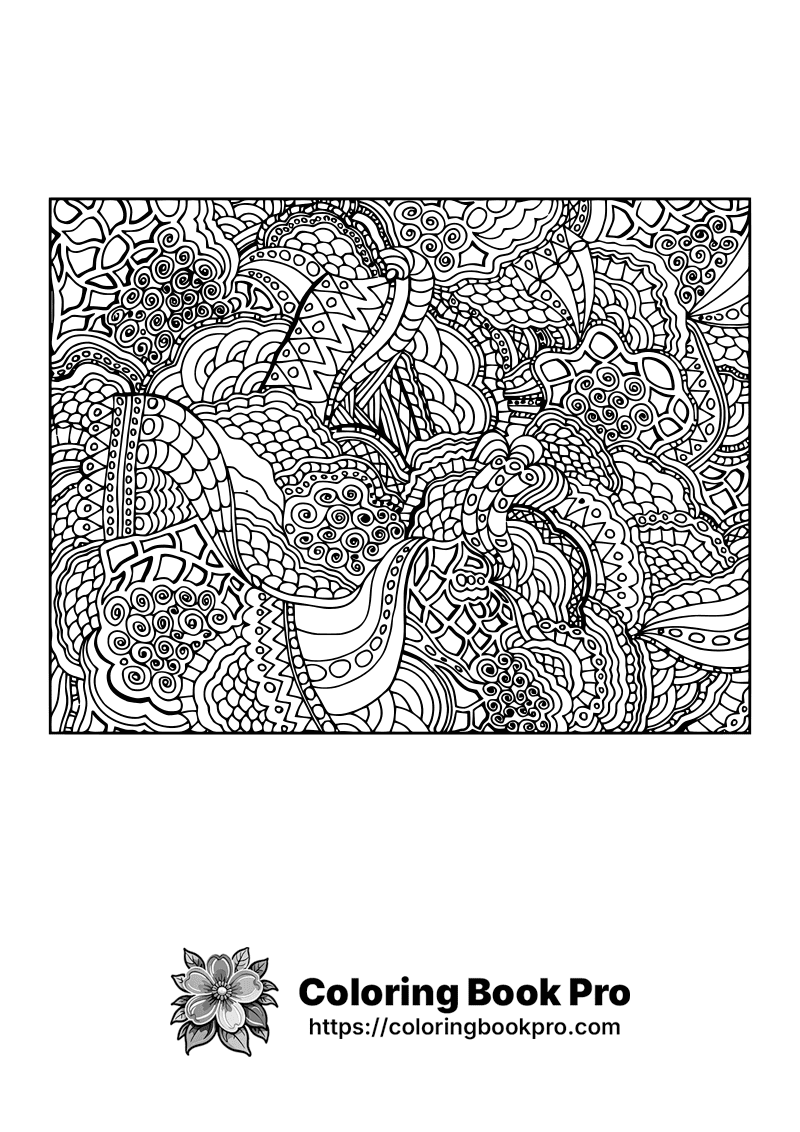 A black and white coloring page with a lot of intricate designs ...