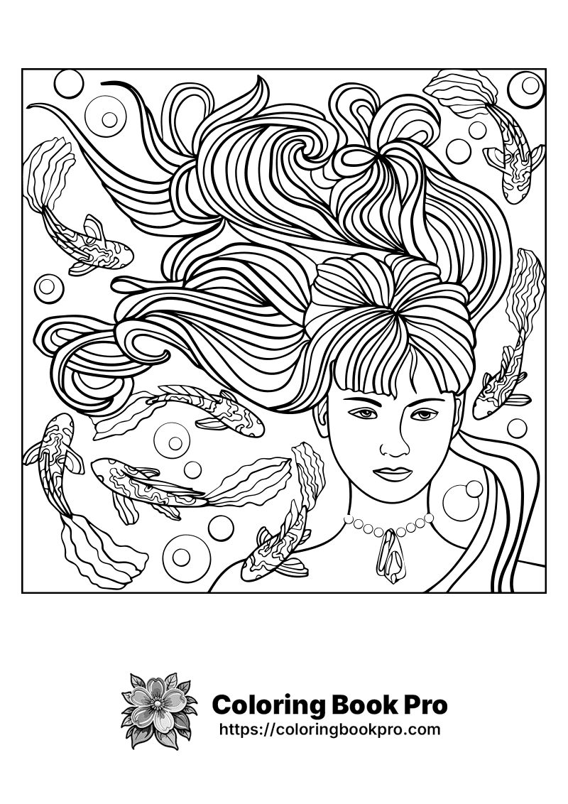 A black and white drawing of a woman surrounded by fish | people_009 ...