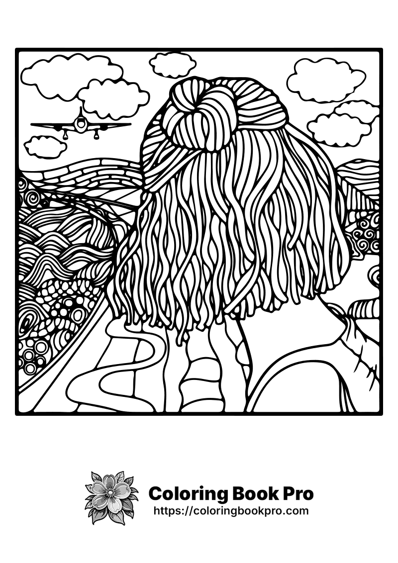 Girl with long hair looking at a plane flying over mountains and clouds ...