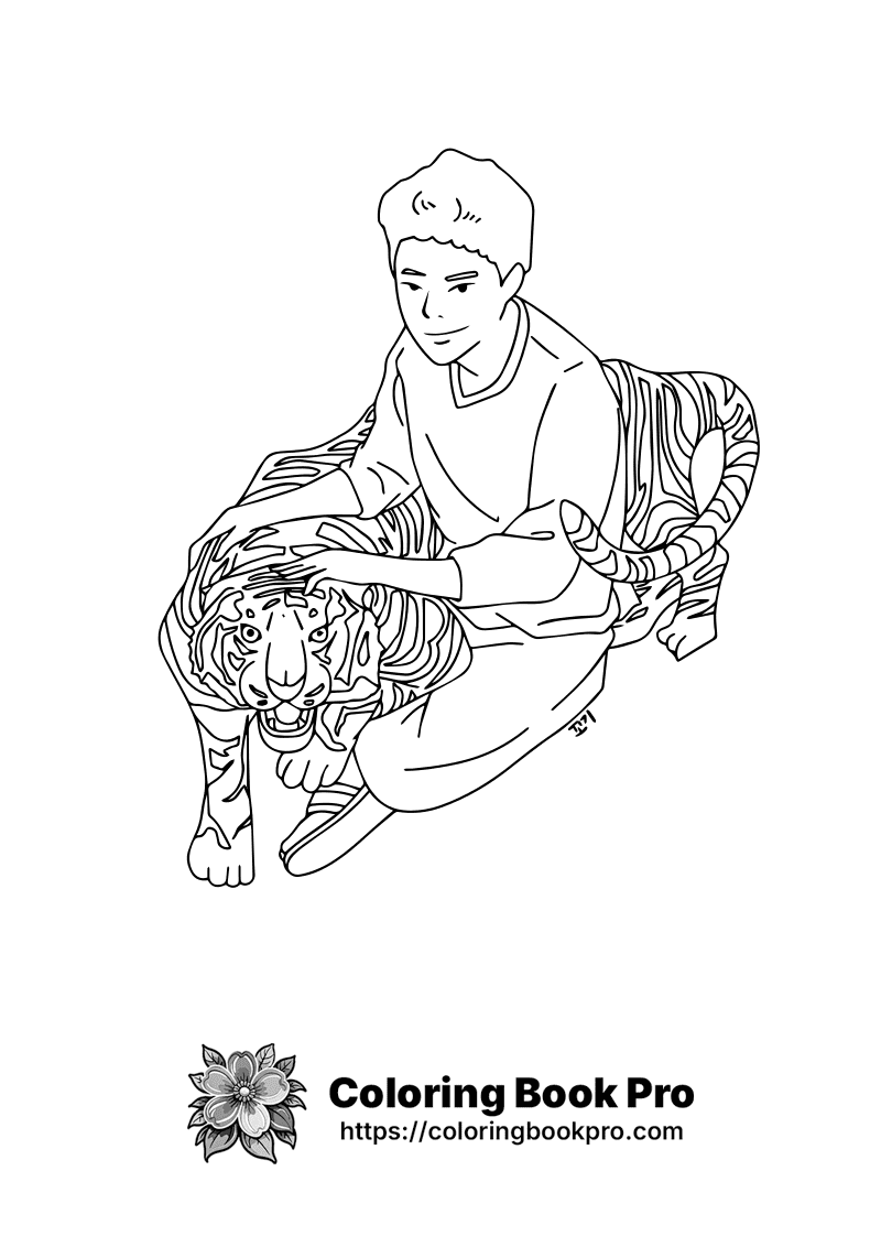 A man sitting on top of a tiger | people_630 | People | Coloring Book Pro