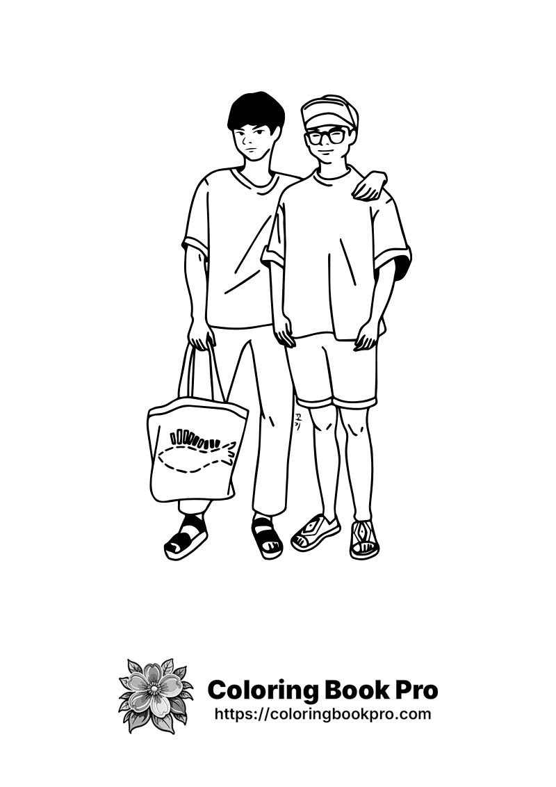 A black and white drawing of two boys standing together | people_635 ...