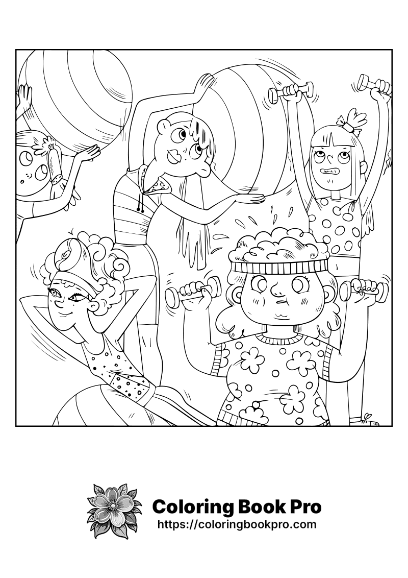 A black and white cartoon drawing of a group of people playing with a ...