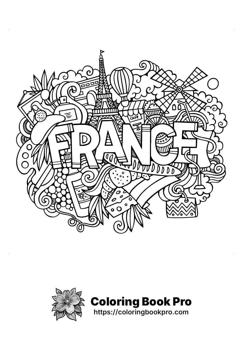 A coloring page with the word France in the middle | places_57 | Places ...