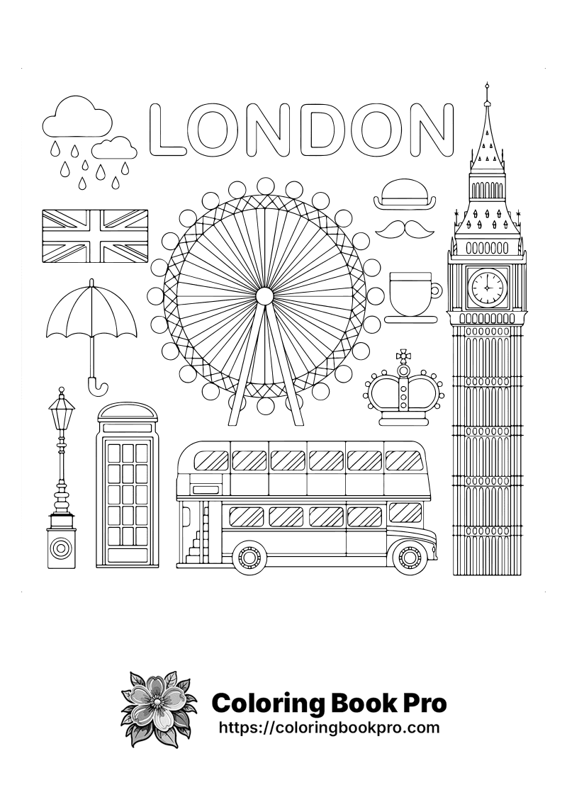 A London themed coloring page with a ferris wheel, bus, clock tower ...
