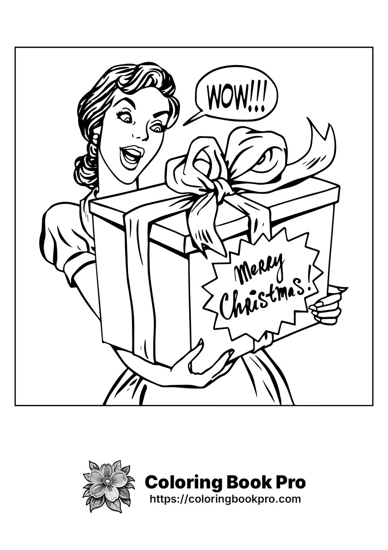 A drawing of a woman opening a Christmas present | pop_art_095 | Pop ...