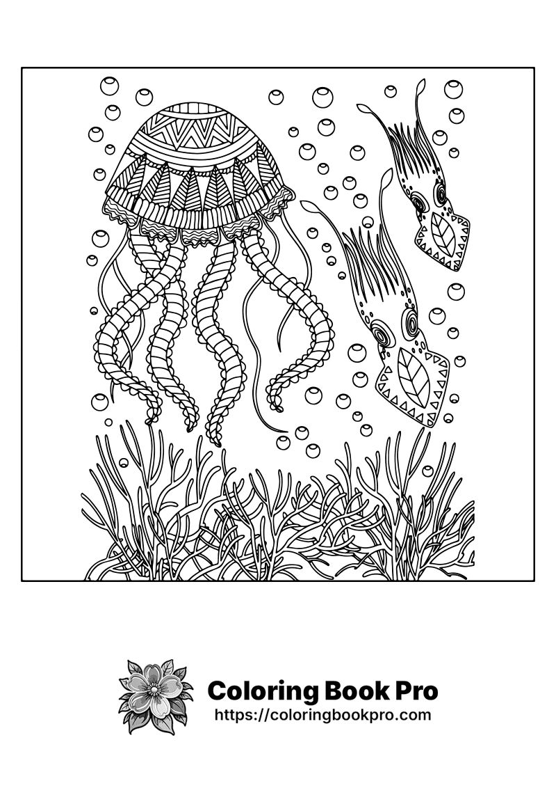 A black and white drawing of an octopus and a fish | sealife_399 ...