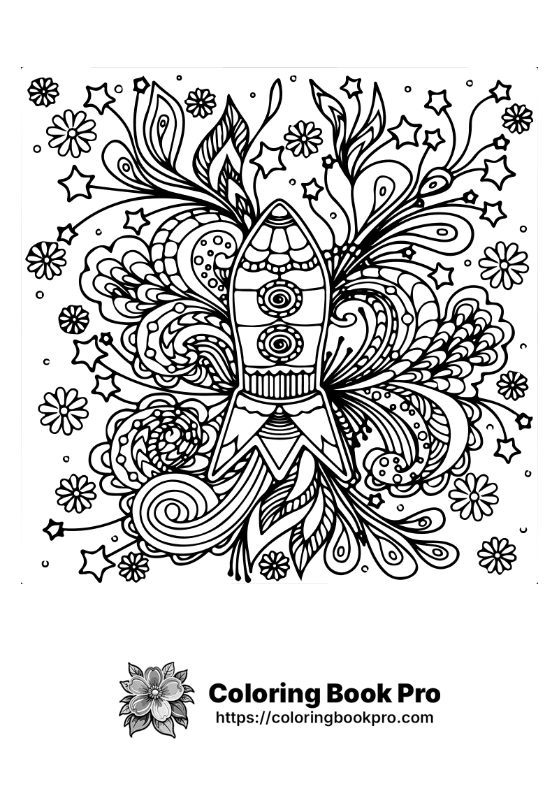 Whimsical Rocket Ship with Floral and Star Patterns Coloring Page ...
