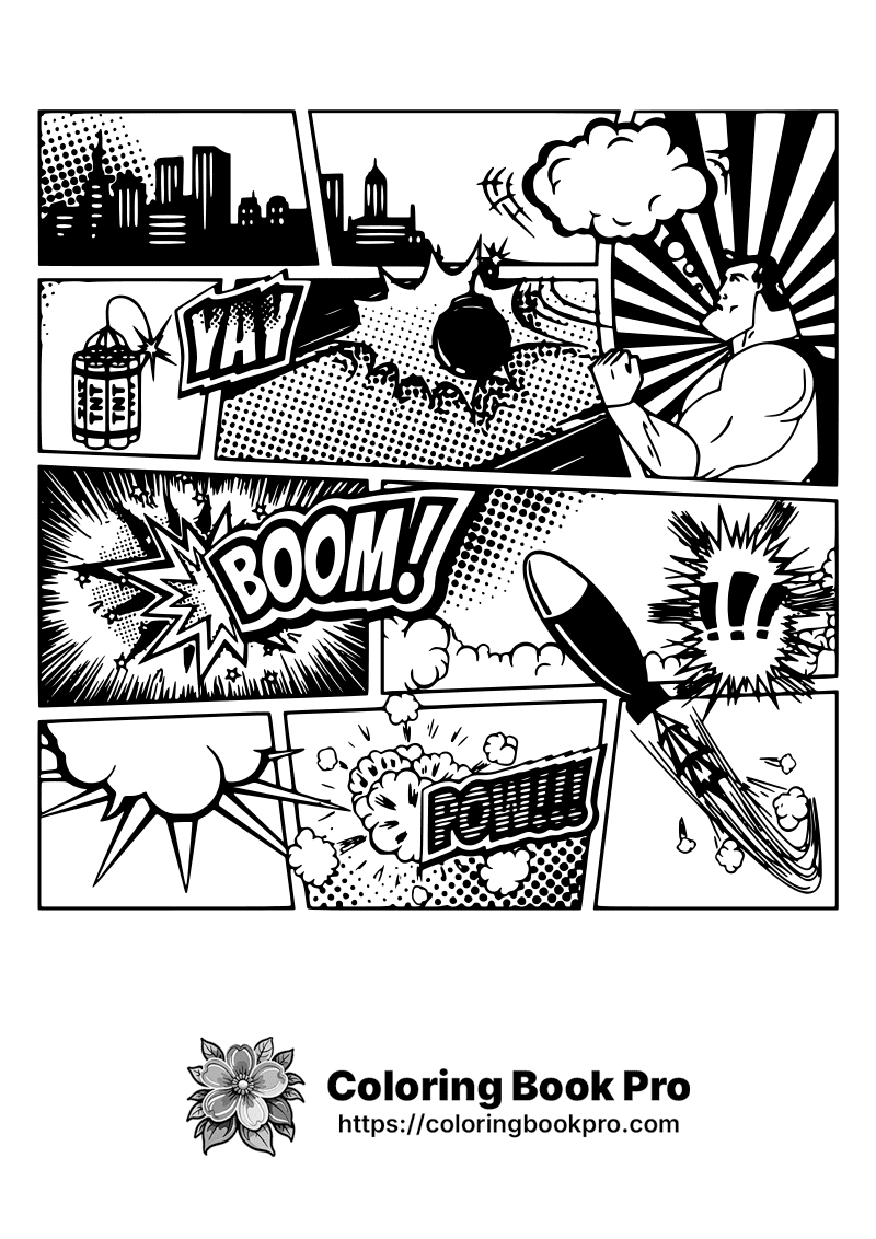 A comic strip of a man throwing a bomb and a rocket | superheroes_120 ...